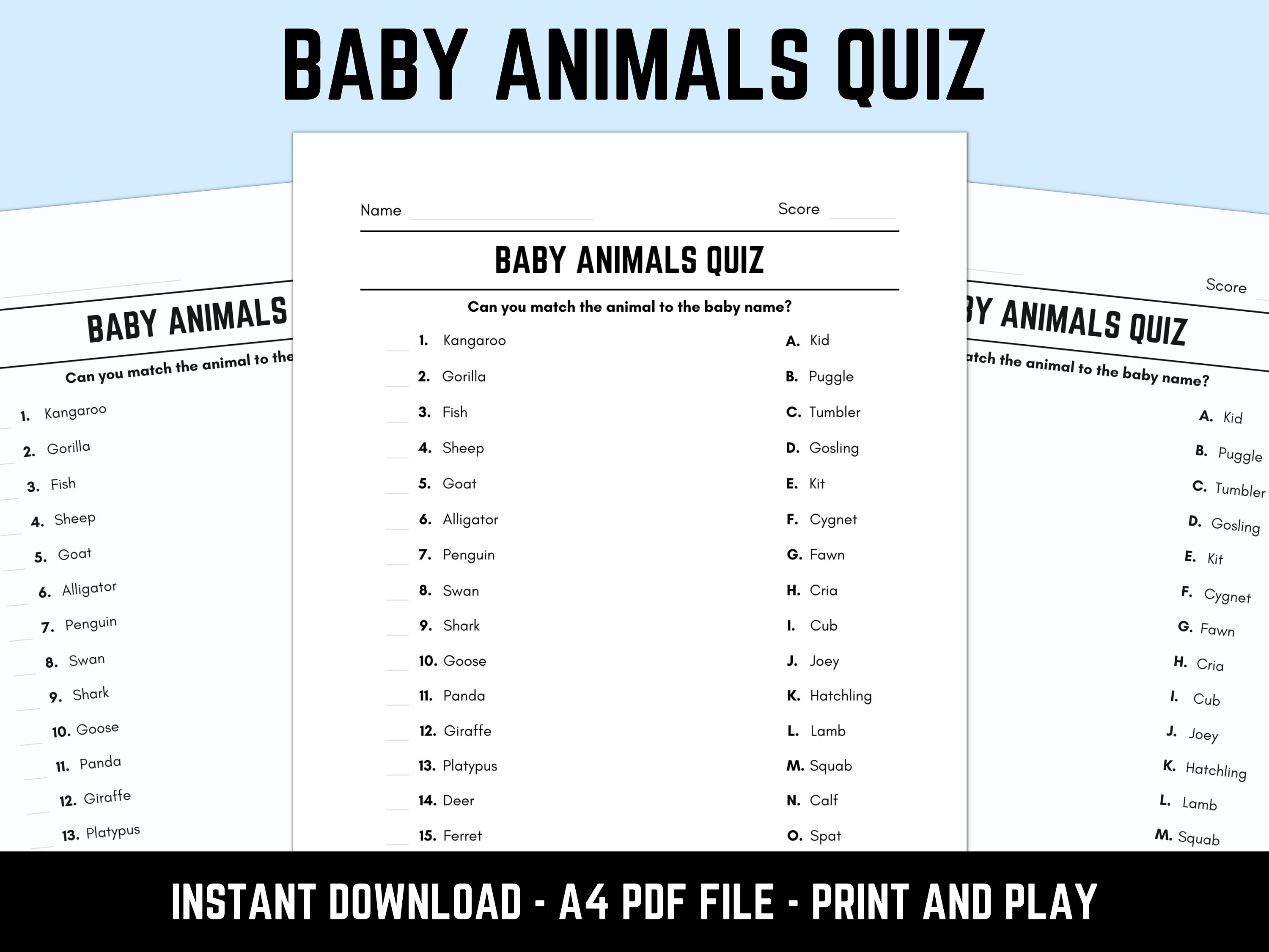 Printable Baby Animals Match up Quiz With Answers - Etsy