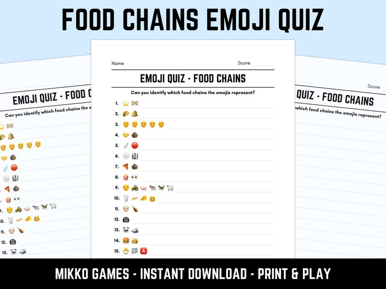 Printable Food Chains Emoji Quiz With Answers: Emoji Pictionary Sheets ...