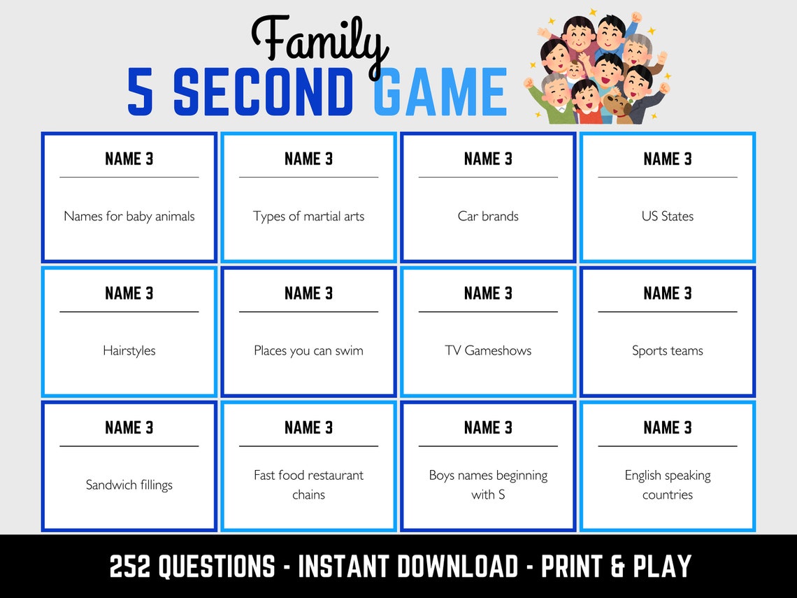 Family 5 Second Game Printable Party Game Downloadable 5 Second Rule ...