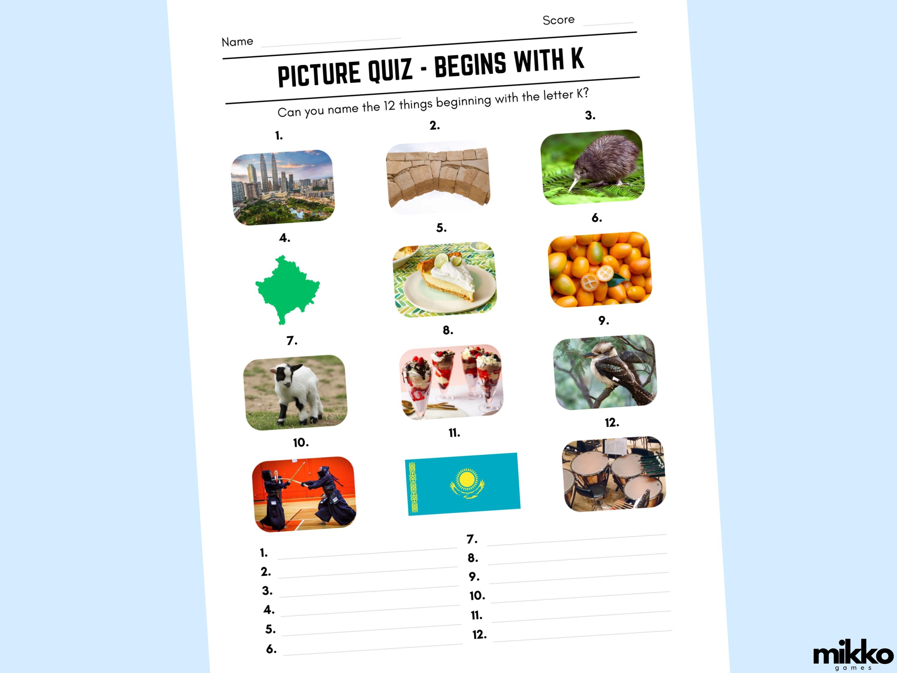 Printable Begins With K Picture Quiz With Answers Picture Round Quiz ...