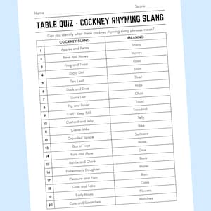 Printable Cockney Rhyming Slang Table Quiz With Answers Downloadable ...