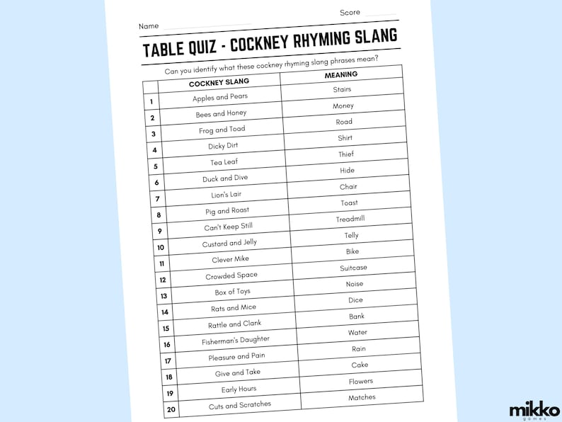 Printable Cockney Rhyming Slang Table Quiz With Answers Downloadable ...
