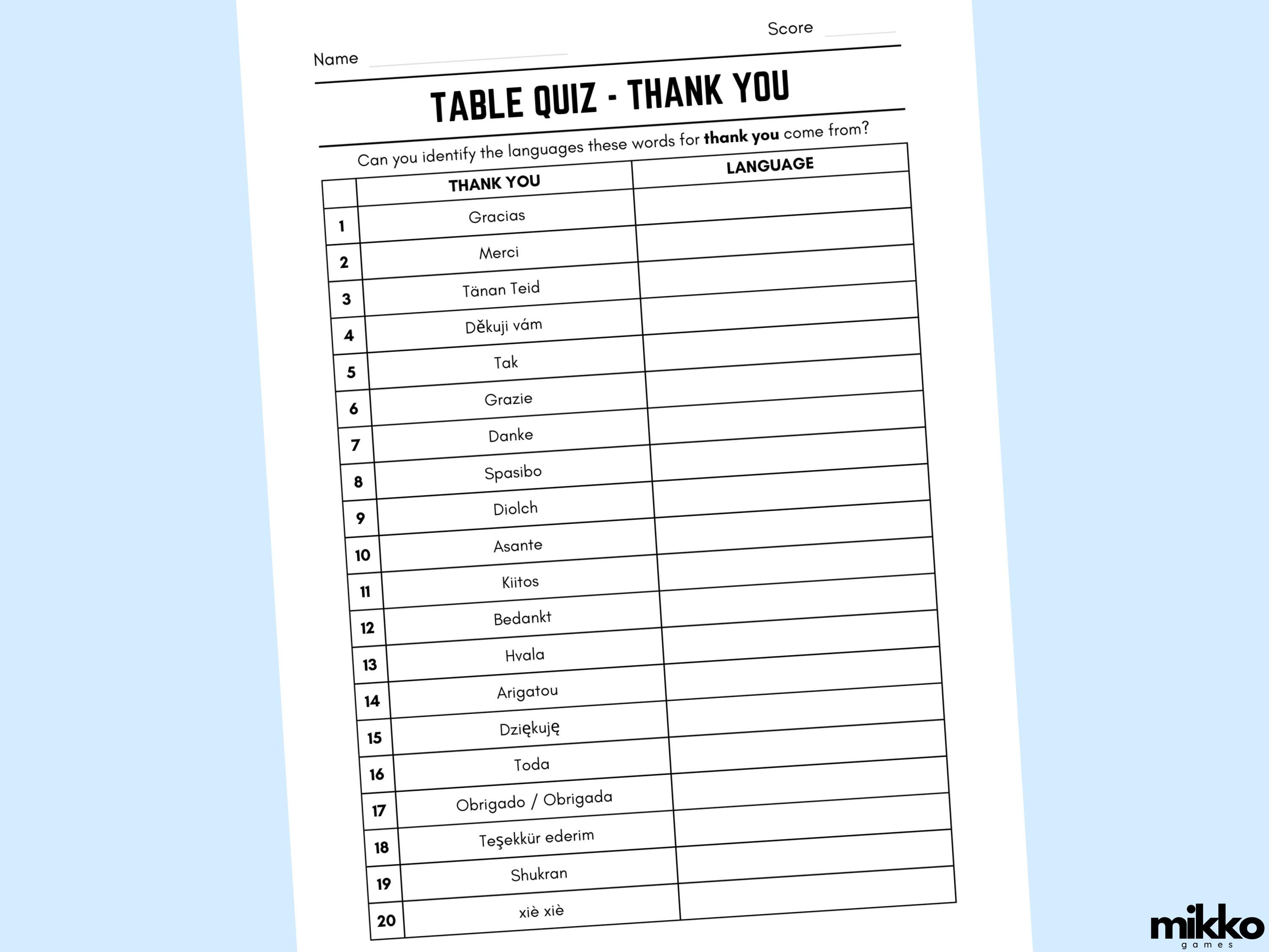 Printable Thank You Table Quiz With Answers Downloadable Pub Quiz ...
