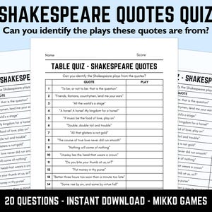 Printable Shakespeare Quotes Table Quiz With Answers: Downloadable Pub ...