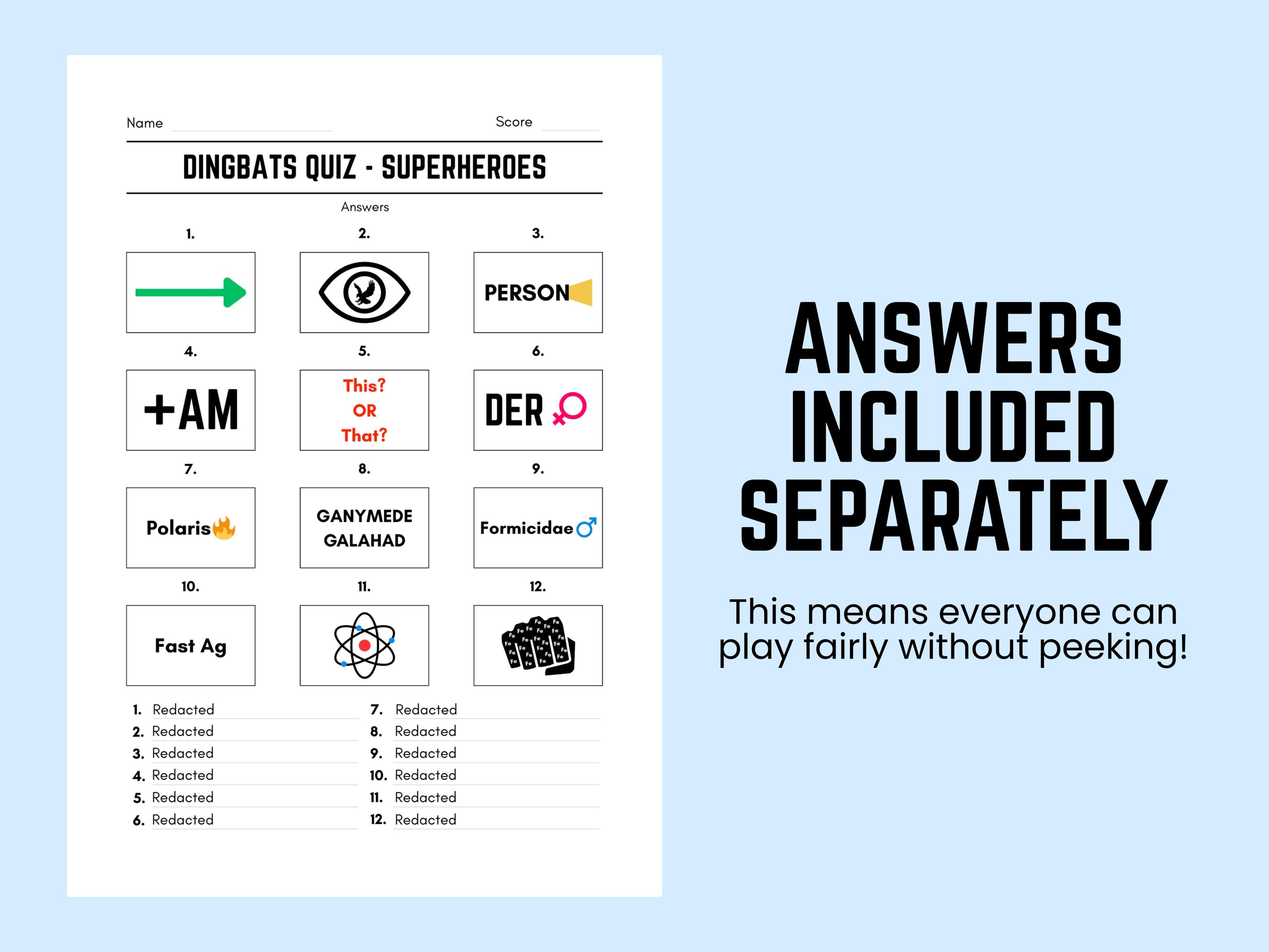 Printable Superhero Dingbats Picture Quiz With Answers: Downloadable ...