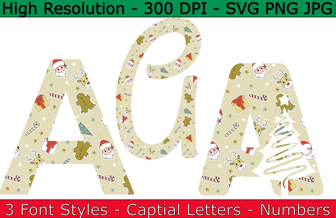 Christmas Themed Alphabet Doodle Letters and Numbers in SVG PNG and JPG ...
