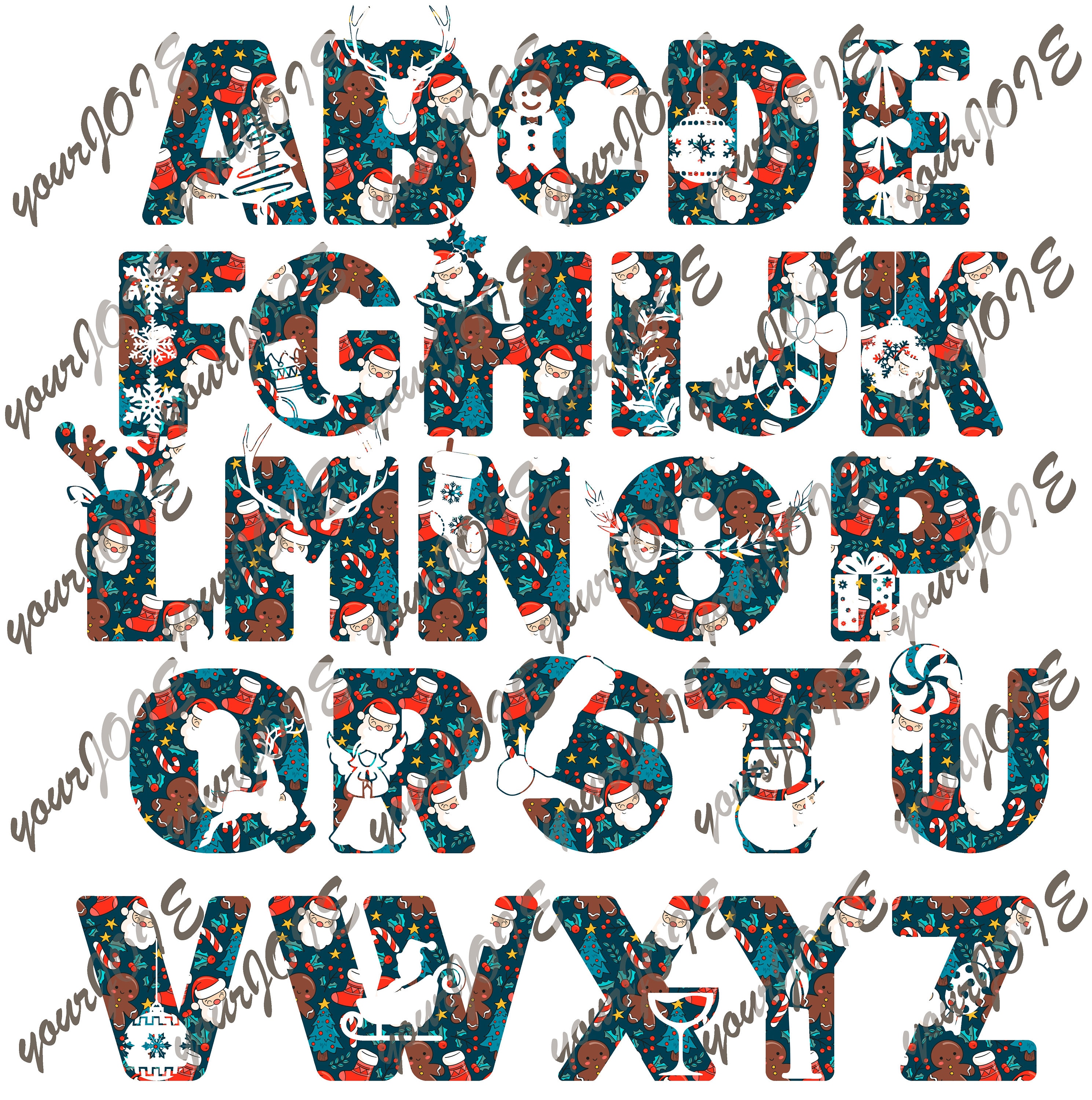 Christmas Jolly Themed Alphabet Doodle Letters and Numbers in PNG - Etsy