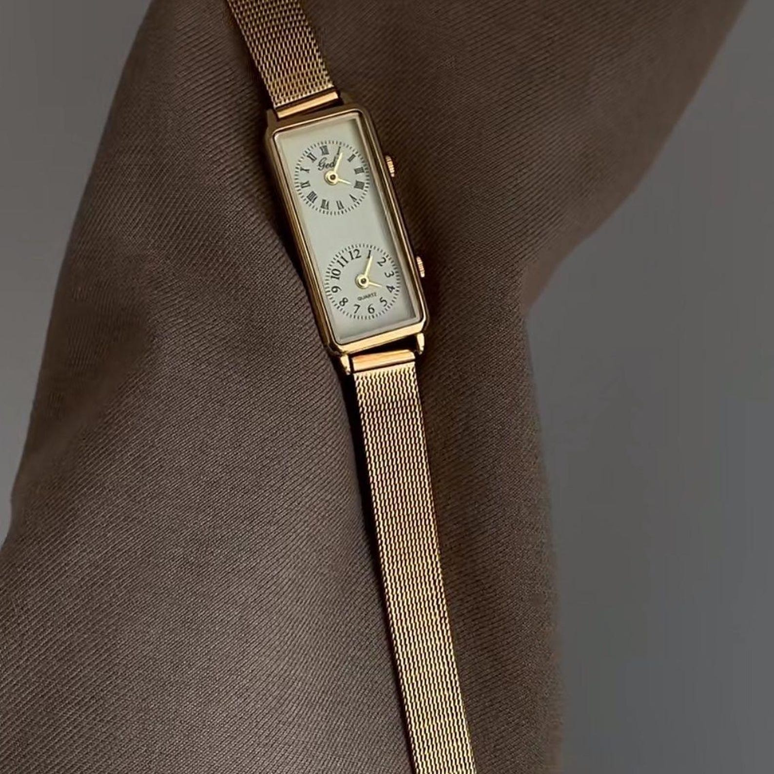 Retro Square Dial, Dual Time Zone Dual Movement Watch Gold Case ...