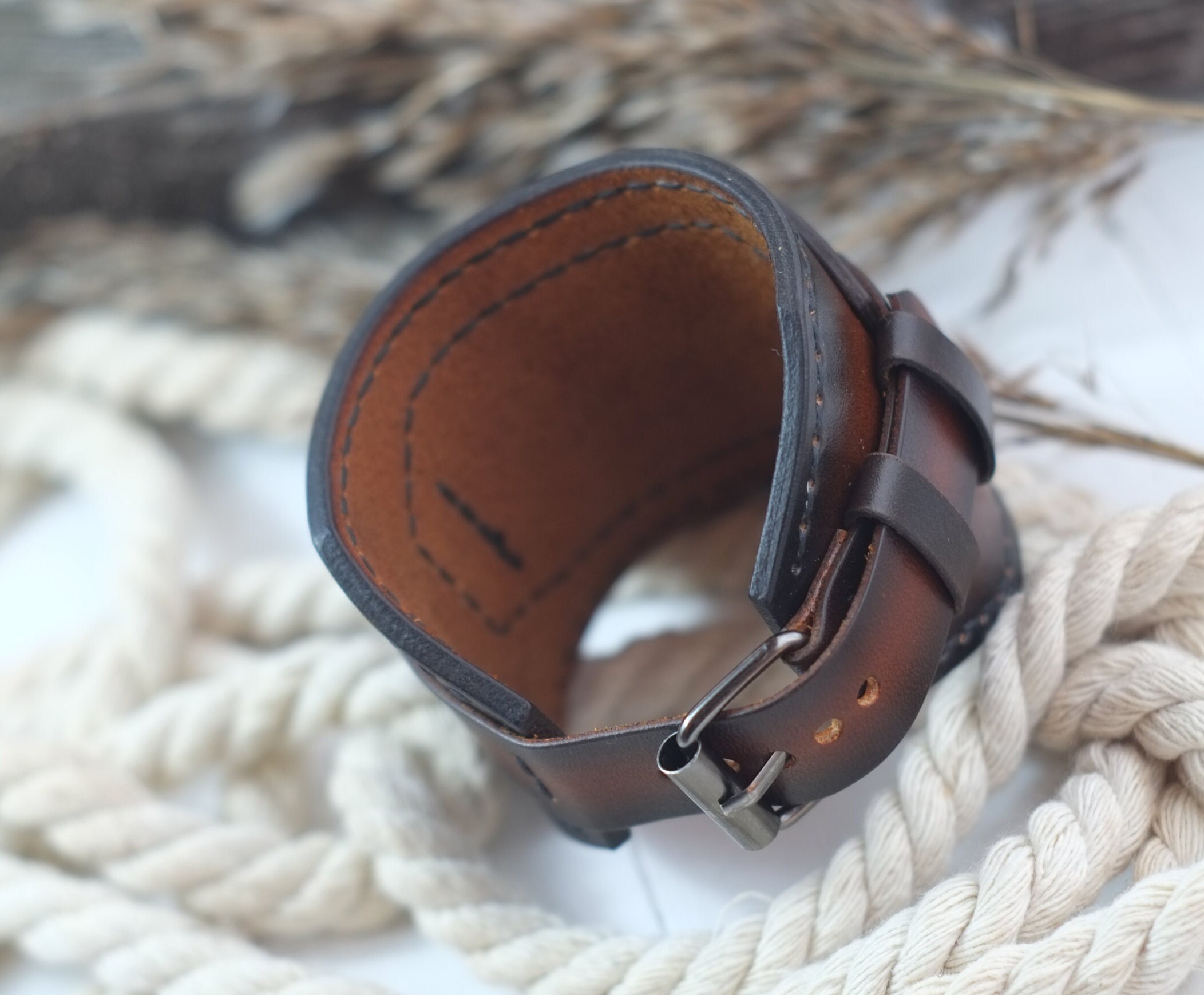 Brown Leather Cuff Watch, Men's Watch, Hand Stitched Leather Strap ...