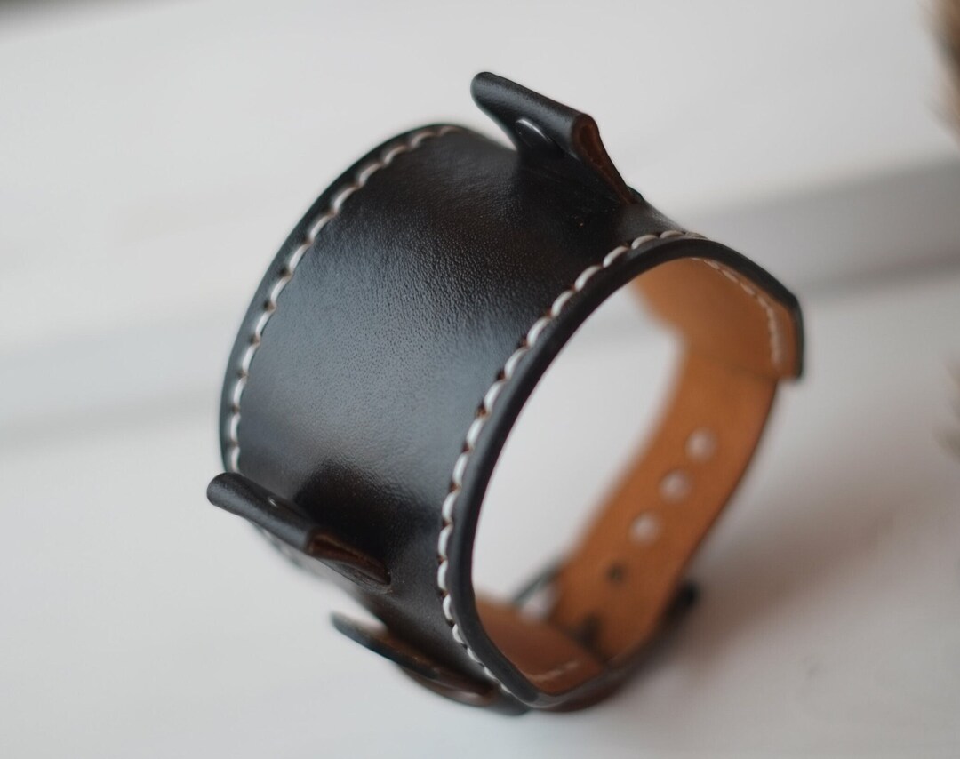 Black 20mm Watch Strap, Hand Stitched Watch Cuff, Wide Leather Watch ...