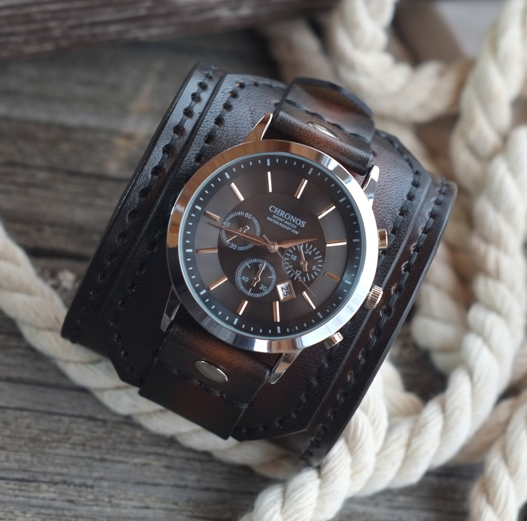 Wrist Cuff Watch, Brown Real Leather Cuff Watch, Hand Stitched Leather ...