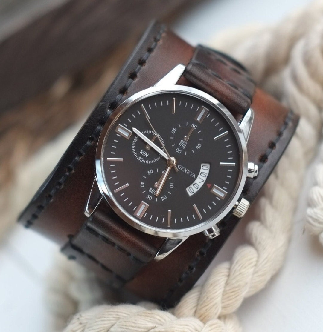 Brown Leather Cuff Watch, Men's Watch, Hand Stitched Leather Strap ...