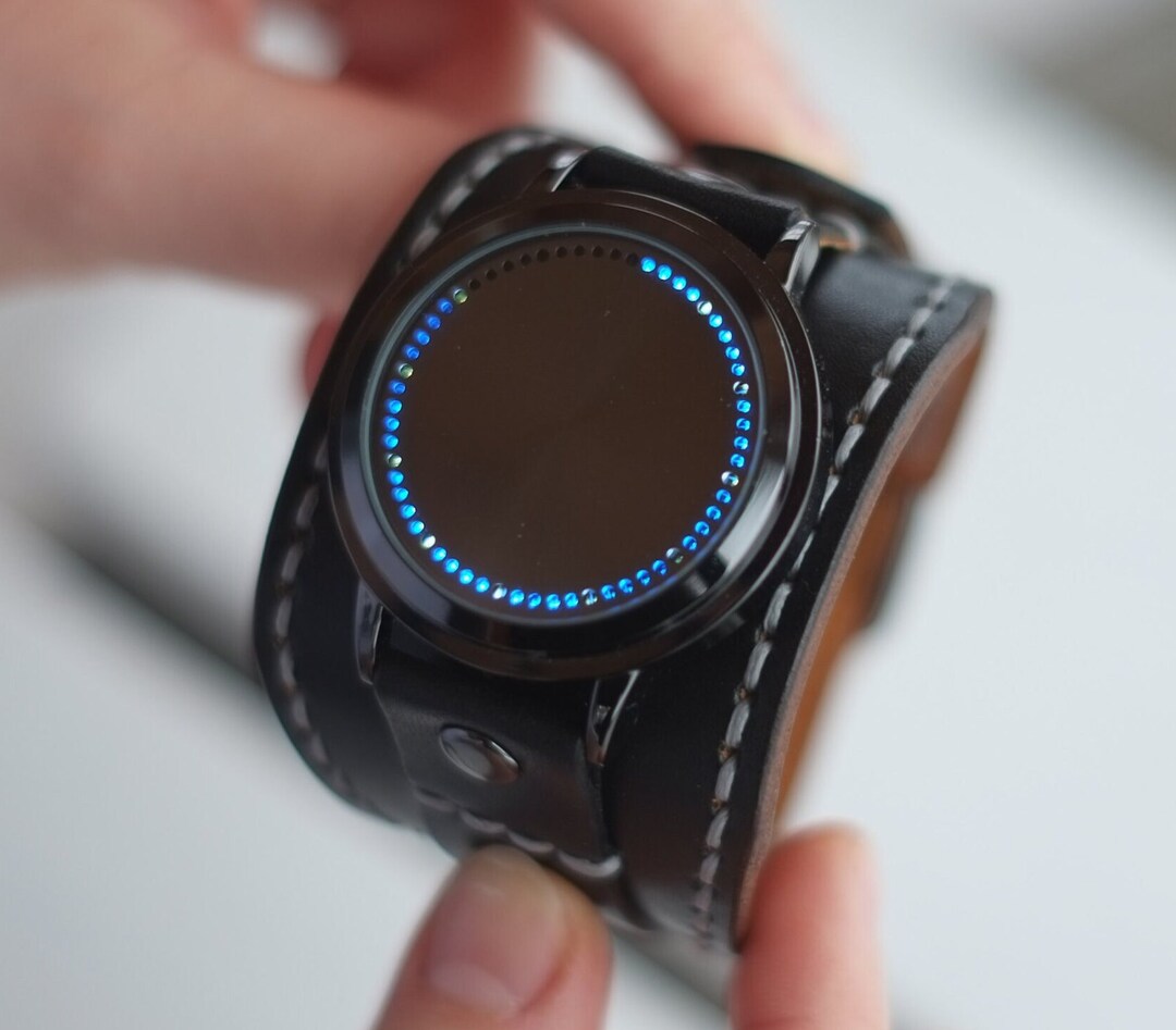 LED Wrist Watch, Black Leather Cuff Watch, Digital Leather Band Watch, Touch Screen Watch ...