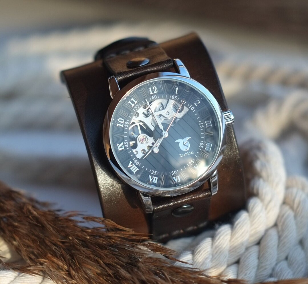 Skeleton Wrist Watch, Brown Mechanical Leather Cuff Watch,hand Stitched ...