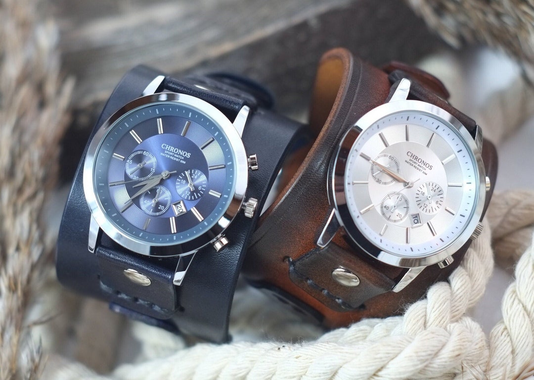 Dark Brown Real Leather Cuff Watch, Navy Blue Wrist Watch, Hand ...