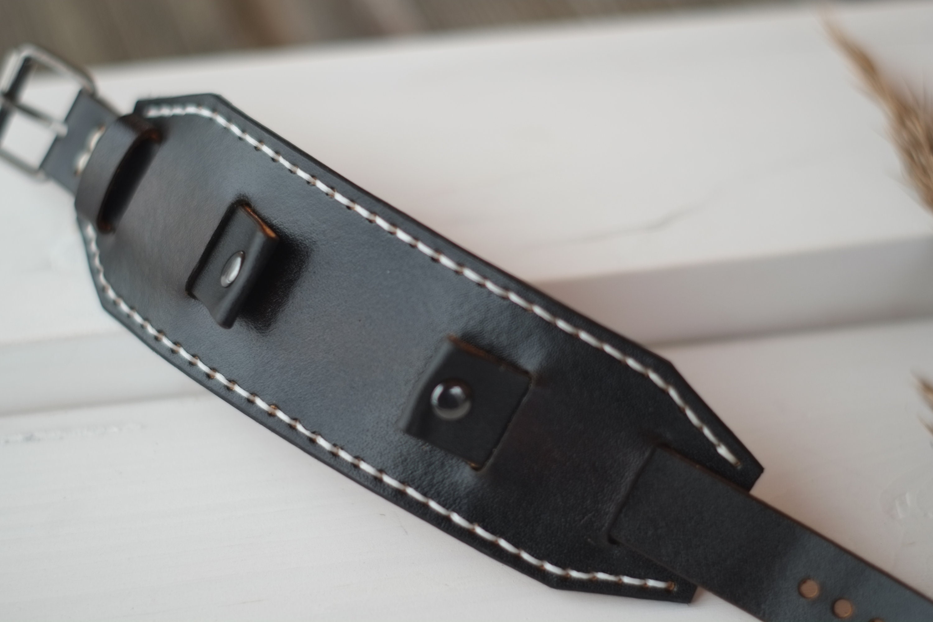 Black 20mm Watch Strap, Hand Stitched Watch Cuff, Wide Leather Watch ...