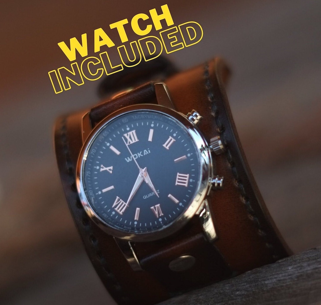 Brown Leather Cuff Watch, Men's Watch, Hand Stitched Leather Strap ...