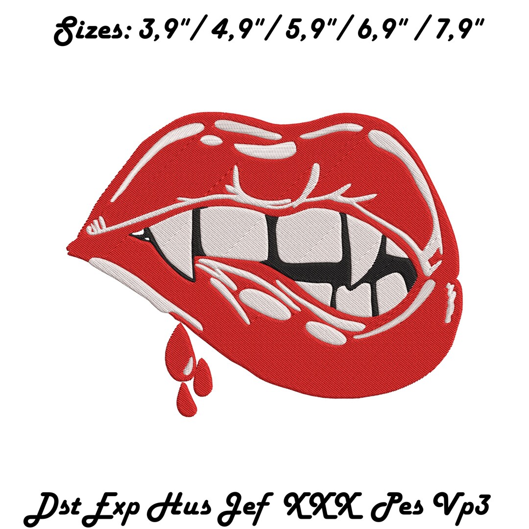 5 Sizes of Embroidery Designs Lips Vampire, Vampire Fangs, Embroidery ...