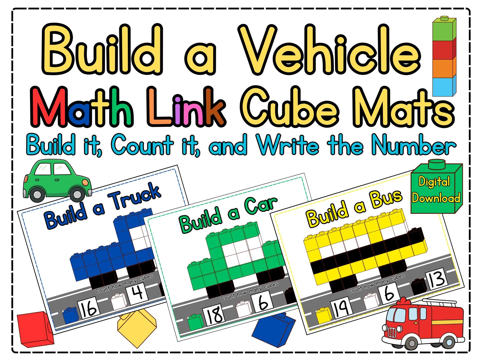 Vehicle Math Link Cube Mats | STEM Building Activity (digital Download ...