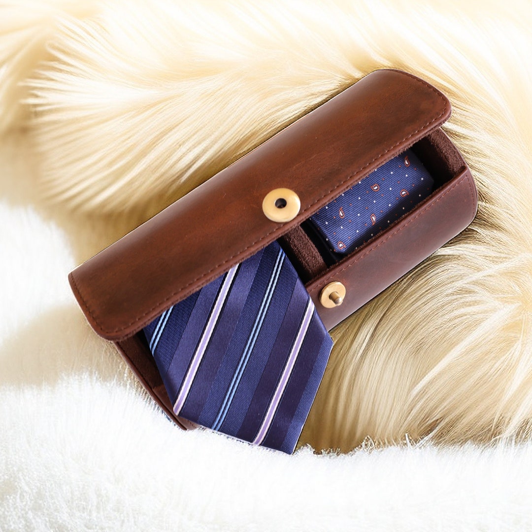 Personalized Leather Tie Case, Handmade Necktie Box, Travel Tie Storage ...