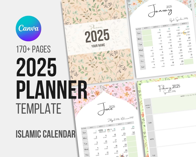 2025 Planner and Calendar with Hijri Calendar 1446/1447H Canva Template ...