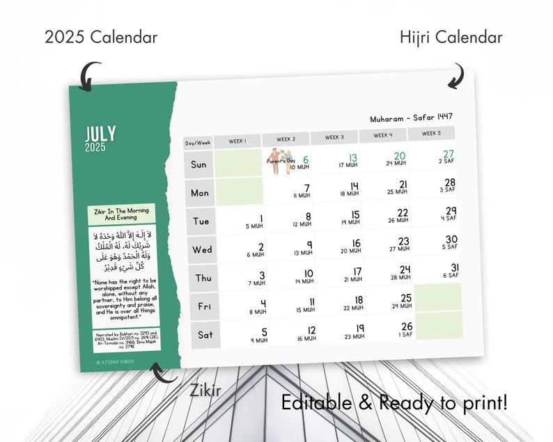 2025 Islamic Calendar With Du'a & Zikir Canva Template (digital ...