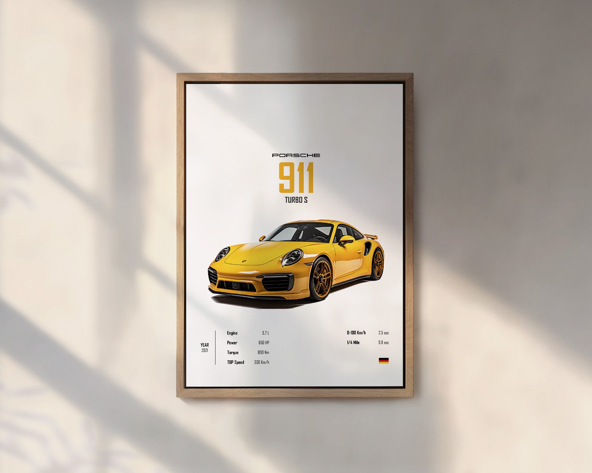 Porsche 911 Turbo S 2021 Yellow Car Poster Prints Wall Kids Boys Room ...