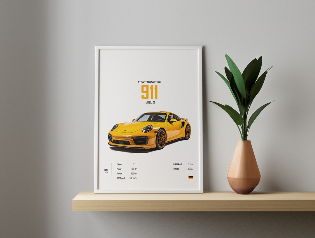 Porsche 911 Turbo S 2021 Yellow Car Poster Prints Wall Kids Boys Room ...