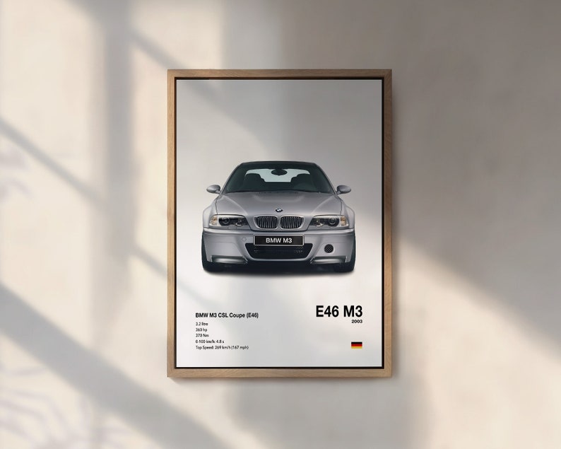 BMW E46 M3 Front View Car Poster BMW Lovers Digital Print Download Wall ...