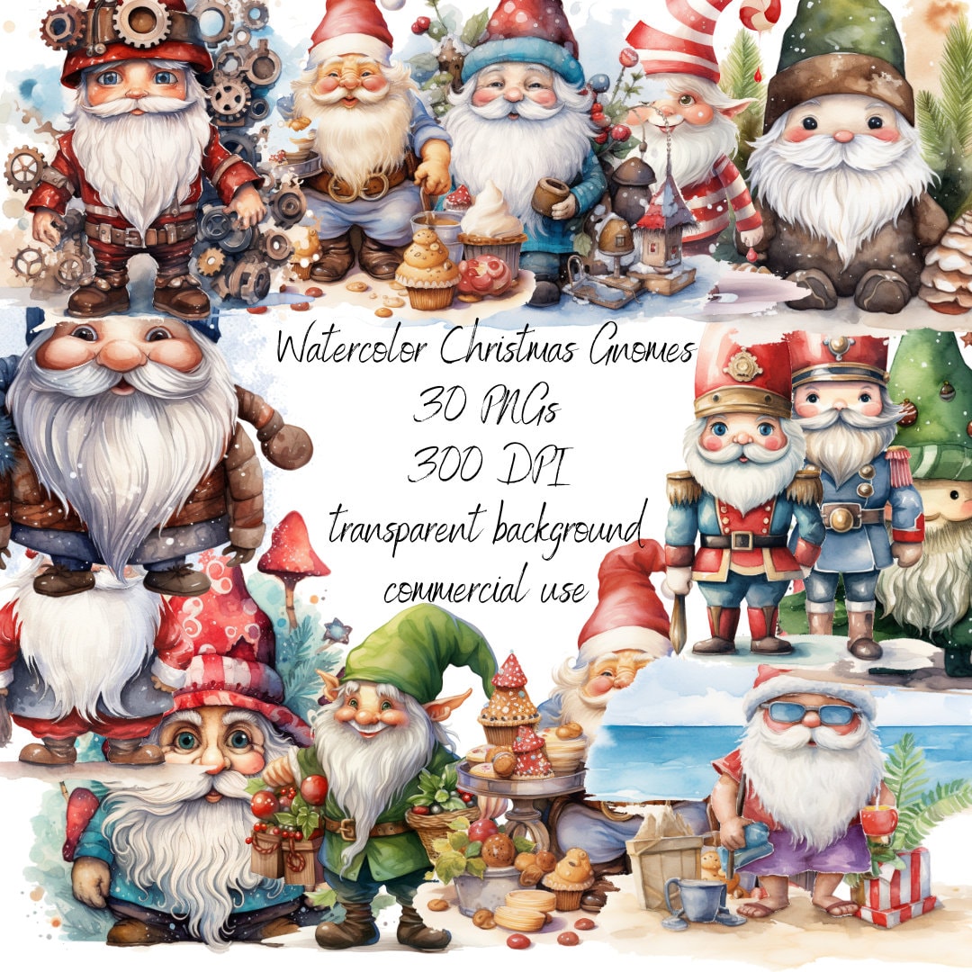 Christmas Gnomes Watercolor Clipart Bundle - 30 PNG Festive Gnome ...