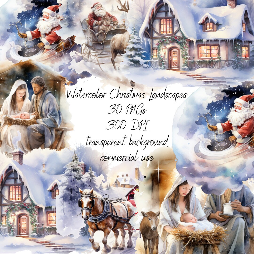 Christmas Landscapes Watercolor Clipart Bundle - 30 PNG Festive ...