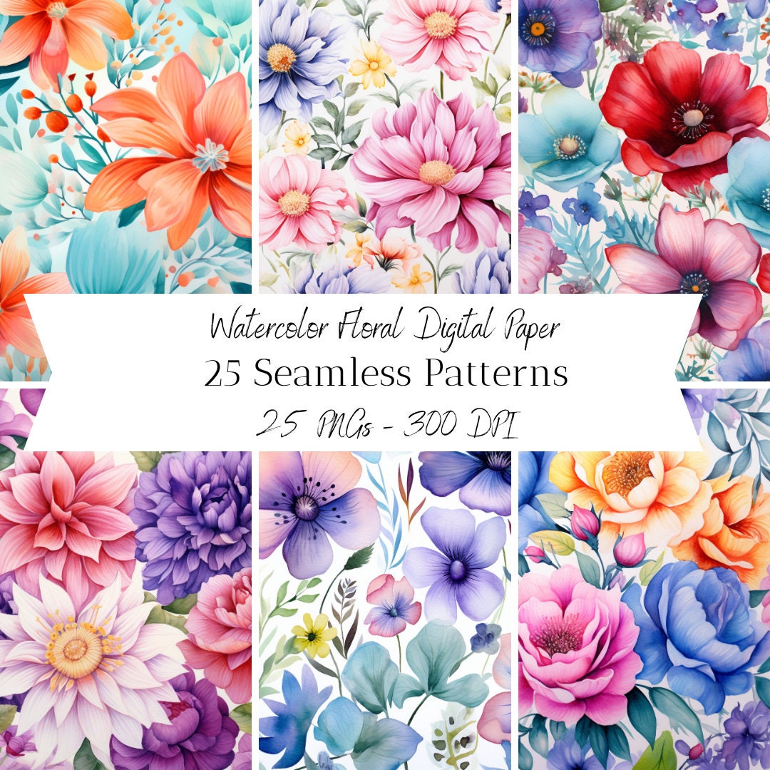 25 Watercolor Flowers Seamless Patterns, Watercolor Flowers Paper ...
