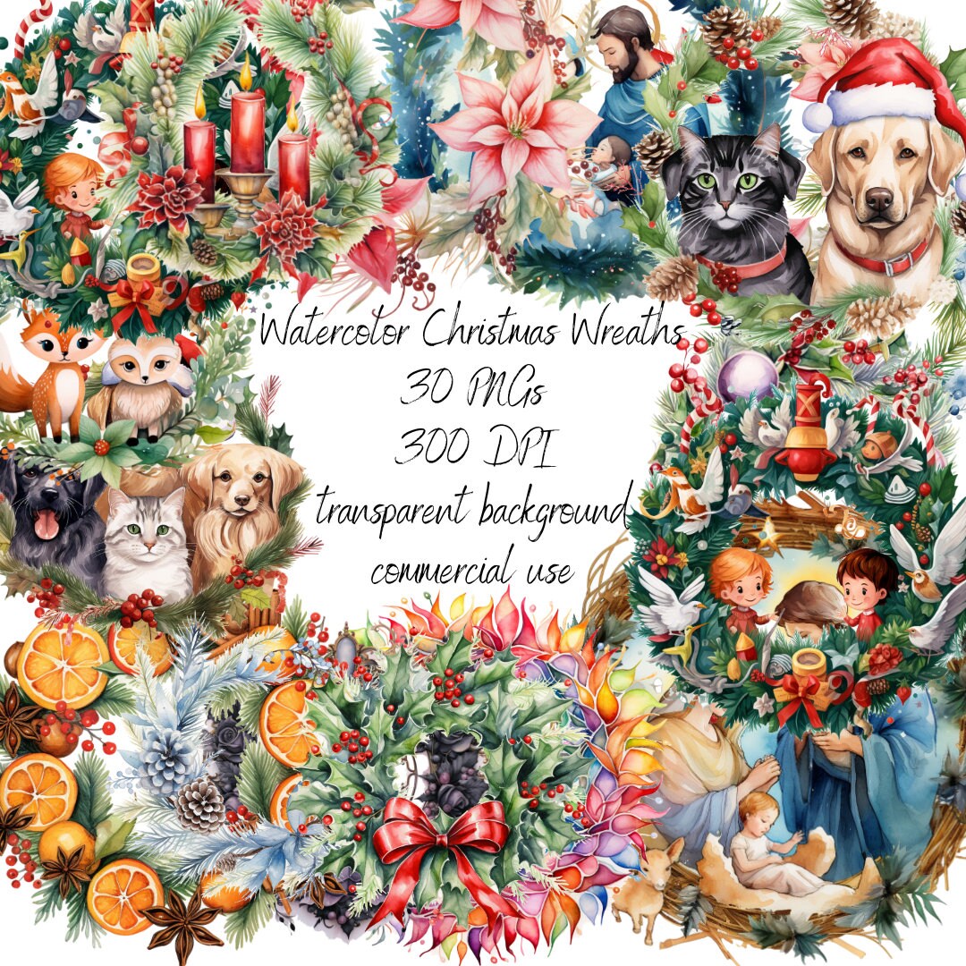 Watercolor Christmas Wreath Clipart, 30 High Quality PNG Files ...