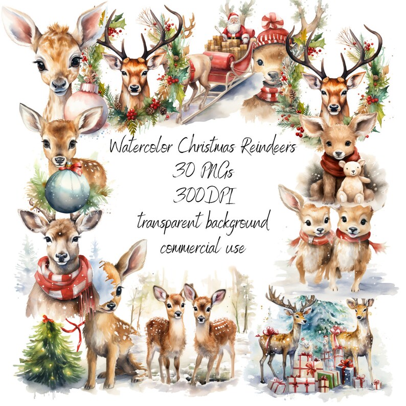 30 PNG Watercolor Christmas Reindeer Clipart, Christmas Reindeer ...