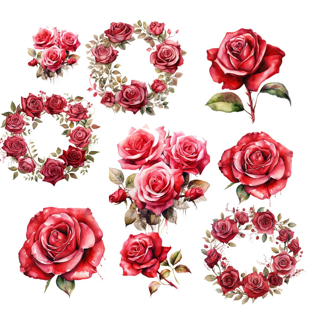 Watercolor Red Roses Clipart - PNG Files of Red Roses for Commercial ...