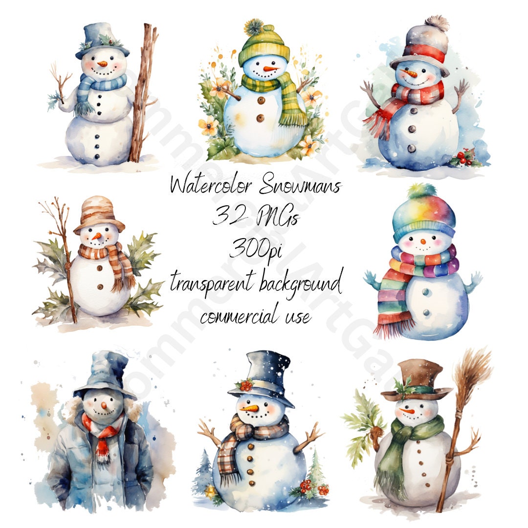 Watercolor Cute Snowman Clipart Bundle, Digital Download, Digital ...