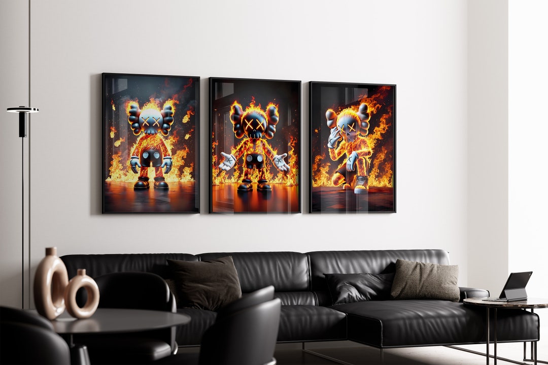 Kaws on Fire Poster Set of 3, Kaws Printable Art, Kaws Wall Decor ...