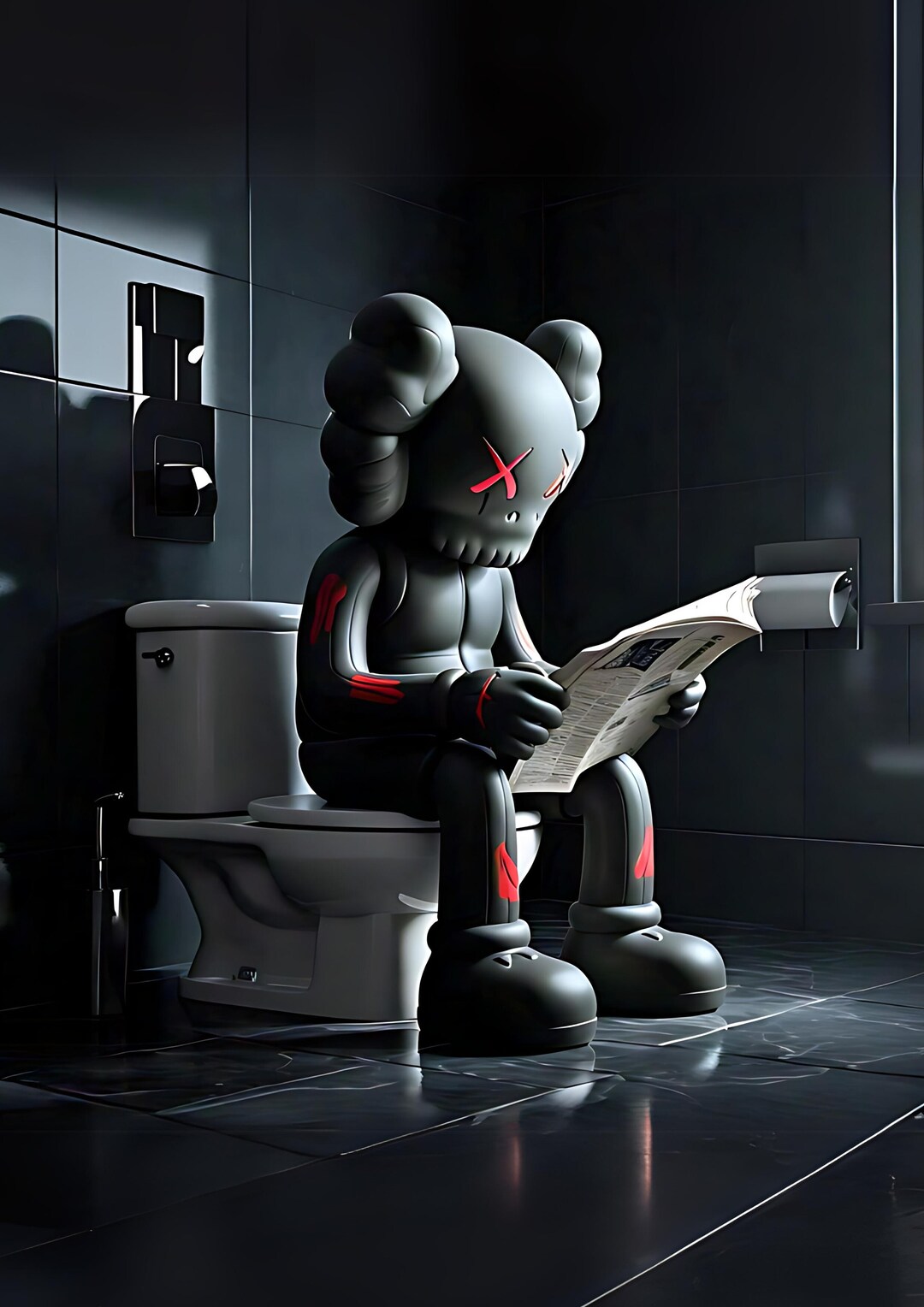 Black Kaws Sitting on Toilet Reading Newspaper Poster, Hypebeast Figure ...