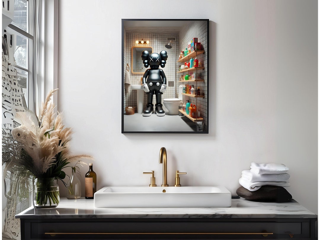 KAWS With a Shelf of Toiletries Poster, Hypebeast Figure Print, Black ...