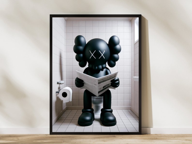 Kaws Sitting on Toilet Reading Newspaper Poster, Hypebeast Figure Print ...