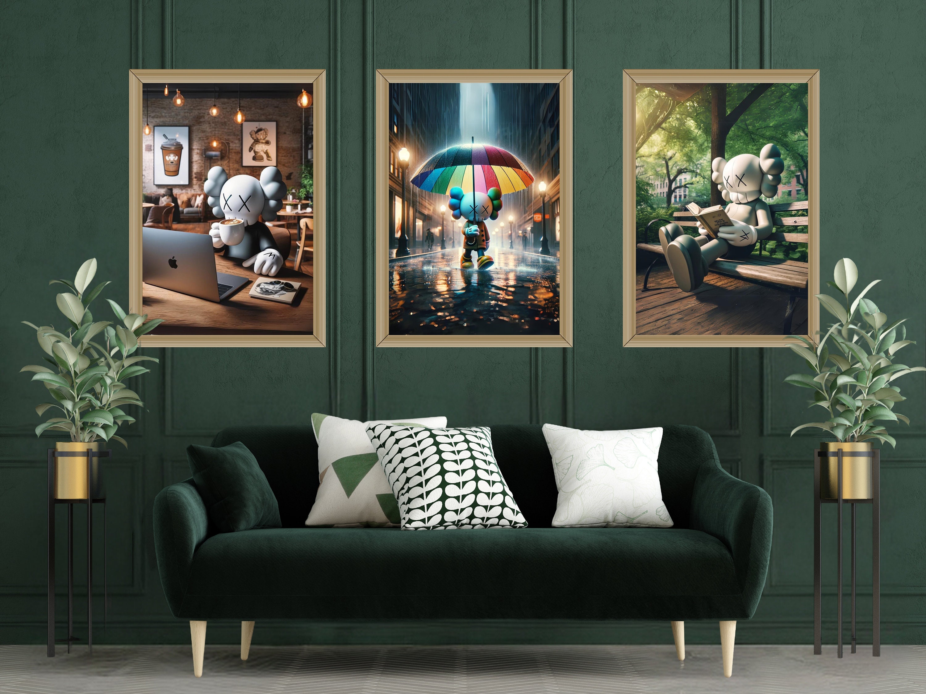 Kaws Poster Set of 3, Kaws in Cafe Poster, Kaws Reading Book in Park ...