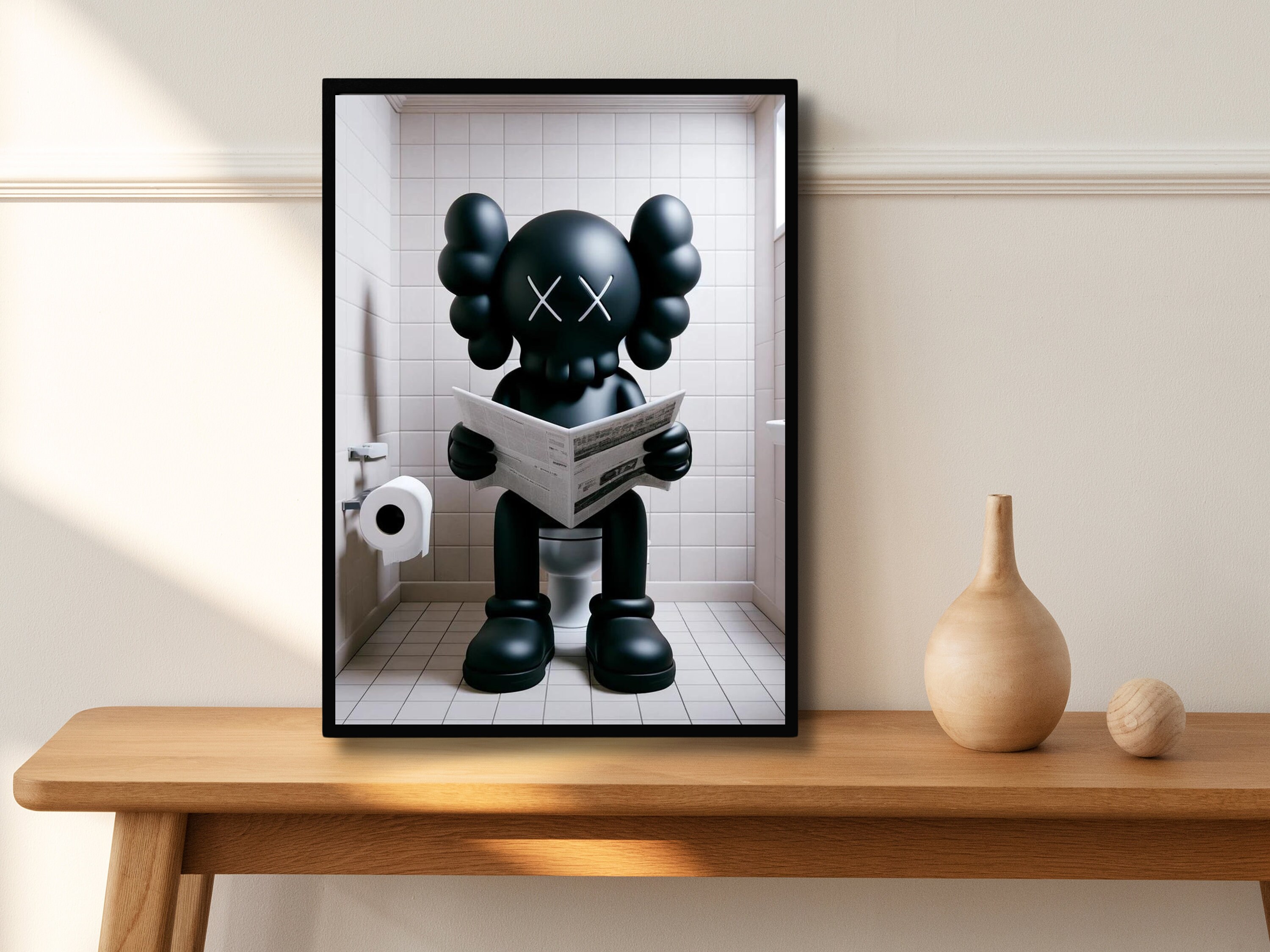 Kaws Sitting on Toilet Reading Newspaper Poster, Hypebeast Figure Print ...