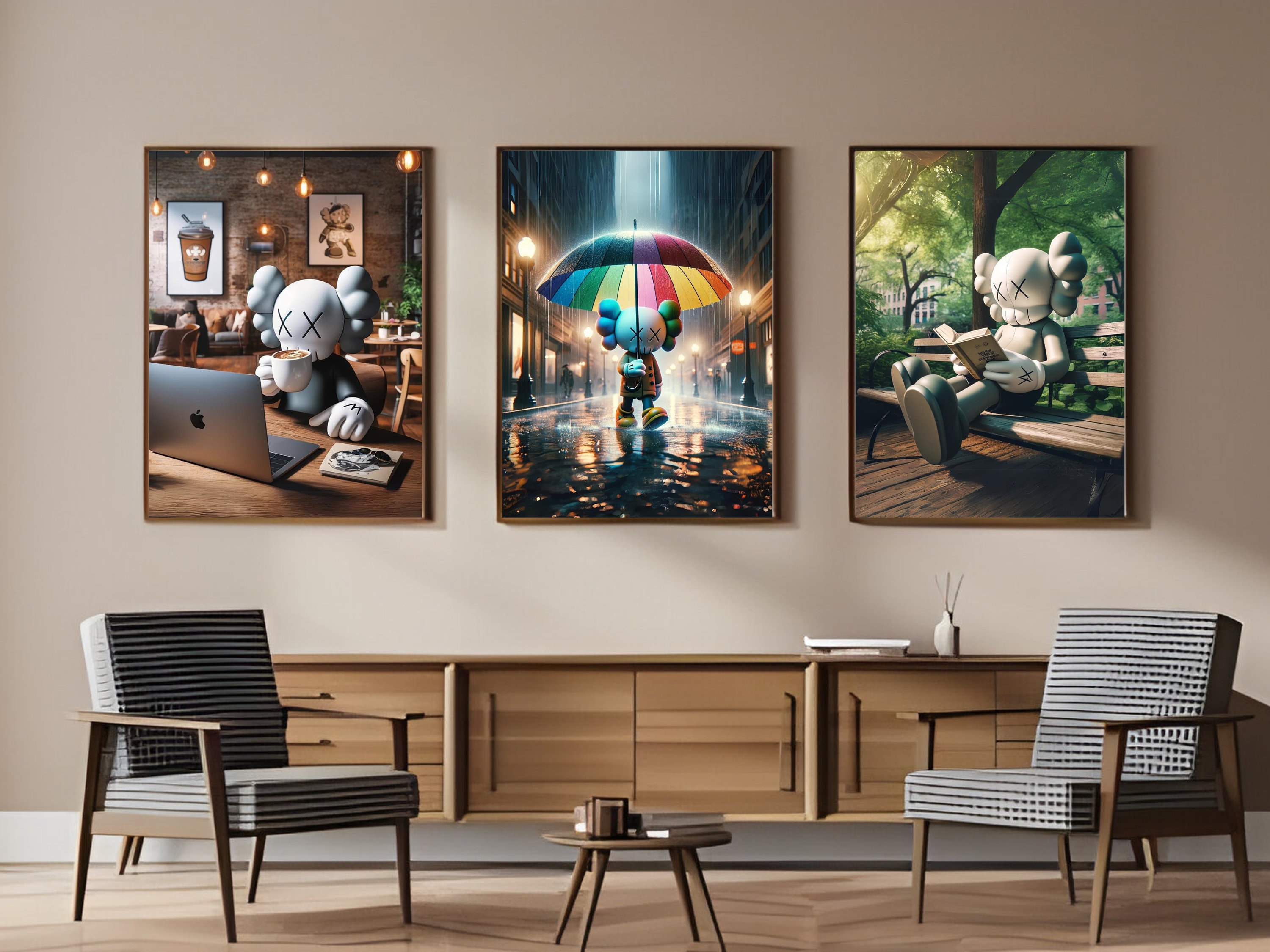 Kaws Poster Set of 3, Kaws in Cafe Poster, Kaws Reading Book in Park ...