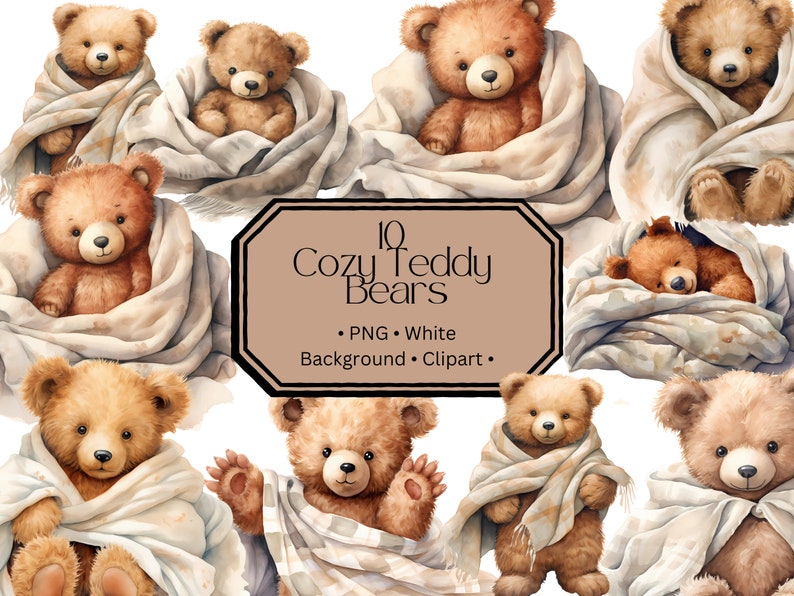 10 Cozy Teddy Bears Clipart PNG, Digital Download, Nursery Clipart ...