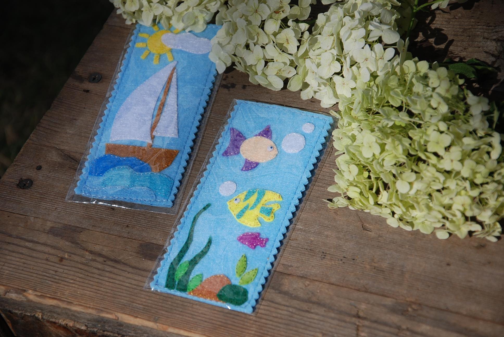 Boat on the Sea, Aquarium Bookmark, Handmade Light Blue Felt Bookmark ...