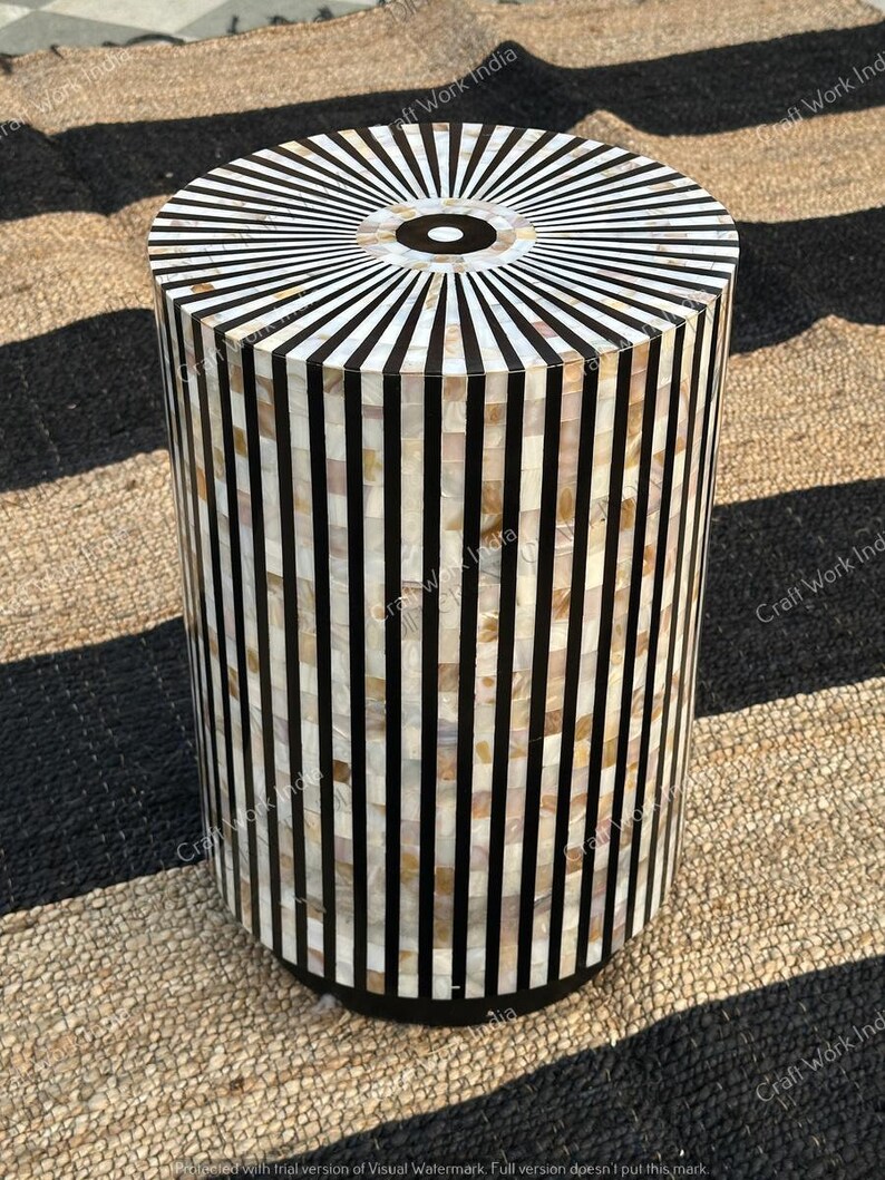 Indian Black and White Cylinder Table / Original Mother of Pearl and ...