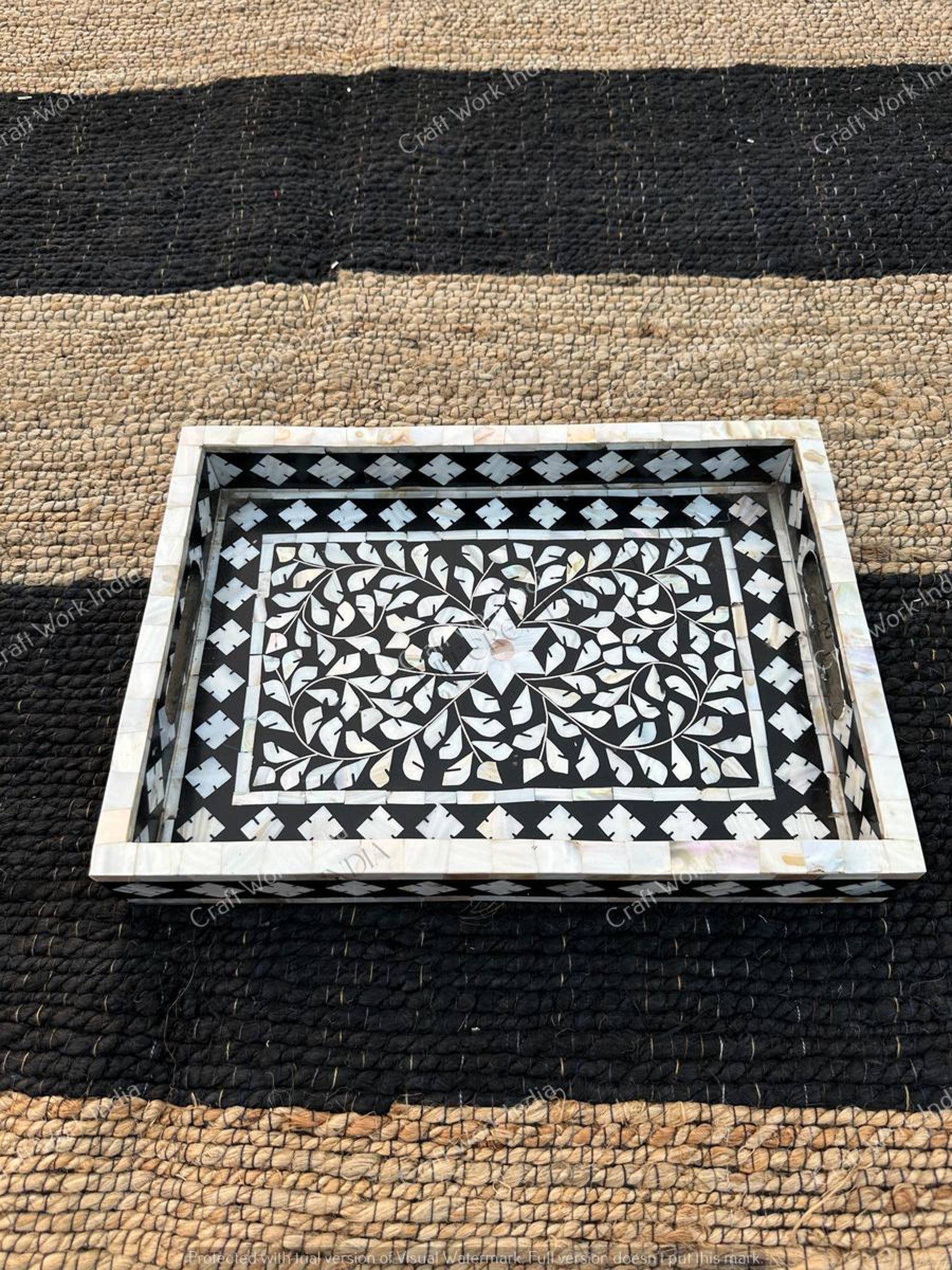 Handmade Mother of Pearl Inlay Tray / Black and White Floral Design ...