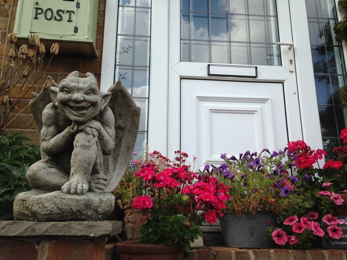 Smiling Gargoyle Sculpture Winged Goblin Statue Concrete Guardian ...