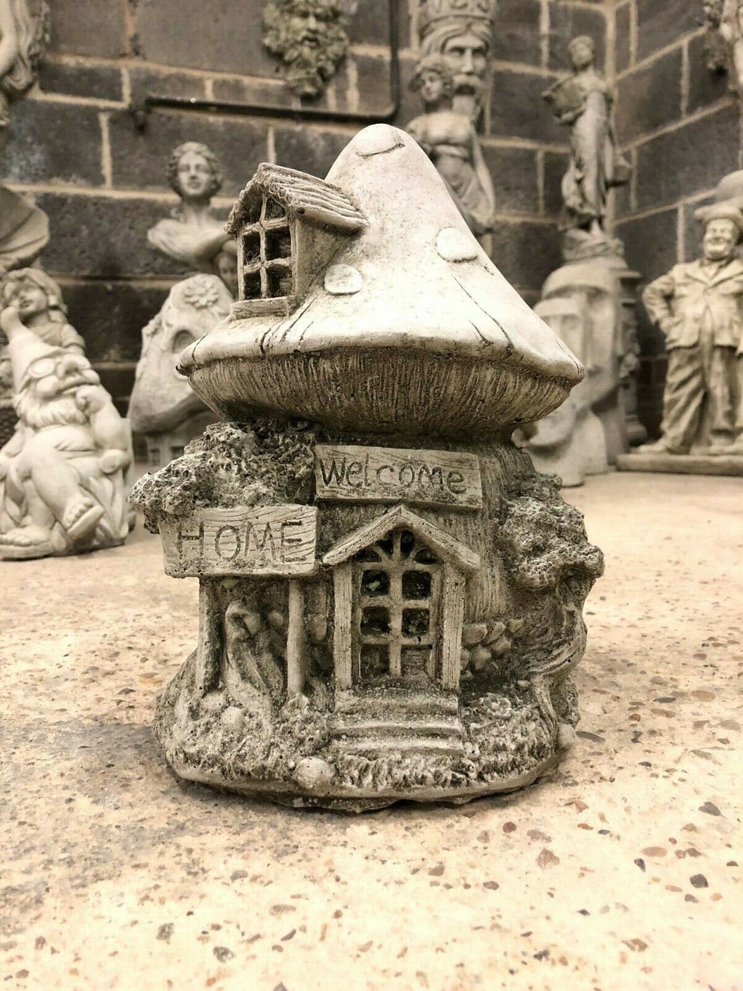 Fairy Mushroom Sculpture Stone Gnome House Statue Concrete Outdoor ...