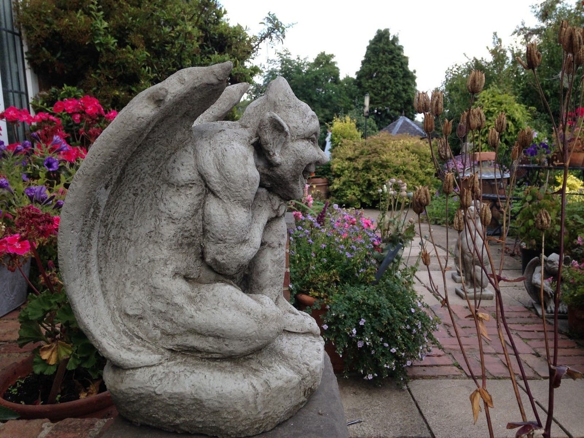 Smiling Gargoyle Sculpture Winged Goblin Statue Concrete Guardian ...